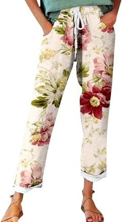 Generic Pantalon Leger Ete Femme Fluide Blanc en Lin &Eacute;t&eacute; Womens Autumn Fragrant Linen Print Casual Pants Perfect for Spring Comfortable and Trendy for L&eacute;ger J