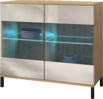 Vladon Kommode Bari V3, Moderner K&uuml;chenschrank mit 2 gro&szlig;en Glast&uuml;ren inkl. RGB Beleuchtung Eiche Evoke/Sandgrau Hochglanz (92,5 x 83.5 x 35)