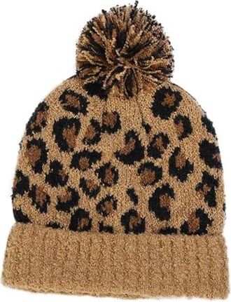 Hemobllo Bonnet Femme Hiver Chaud Tricot&eacute; &Eacute;pais &agrave; Pompon Avec Imprim&eacute; L&eacute;opard Original Pour Oreilles Et Cou Au Chaud