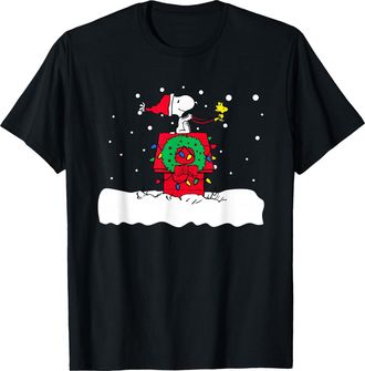 Peanuts Snoopy Holiday House Sleigh T-Shirt Schwarz Cartoon T-Shirt Crew-Ausschnitt Kurzarm S