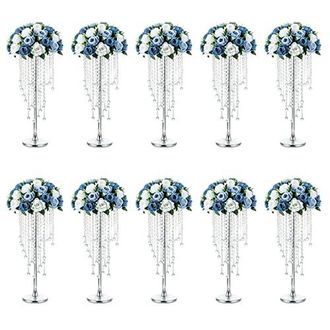 Nuptio Centres de Table de Mariage Vase en Argent: 10 Pi&egrave;ces 55cm Haut Vases de Fleurs Cristal Support M&eacute;tal pour D&eacute;corations F&ecirc;te &Eacute;l&eacute;gants Vrac Mariages Ann