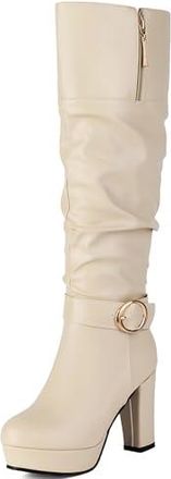 SJJH Bottes hautes avec boucle en m&eacute;tal | Bottes pour femme pour toutes les saisons, talon de 9,5 cm, manchette pliable, doublure douillette, beige, 33 EU