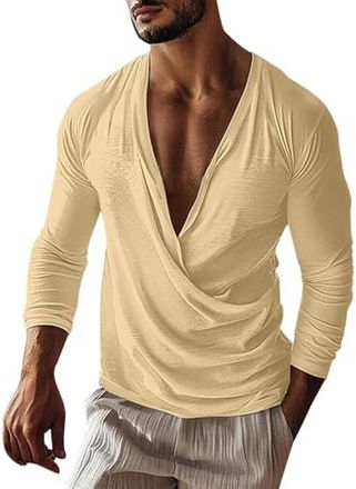 Generic Chemise &agrave; manches longues pour homme, col en V profond, l&eacute;g&egrave;re, respirante, pour l&eacute;t&eacute;, la plage, les f&ecirc;tes, le printemps et lautomne, kaki, 3XL