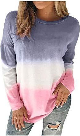 Generic Pull femme élégant grandes tailles - Pull femme oversize rose - Sweat-shirt sans capuche en coton - Pull tie-dye dégradé de couleur - Hauts à manches 