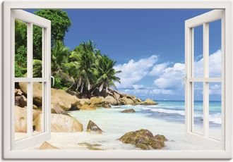 Artland Wanddeko Leinwand Bilder Wandbild Querformat Fensterblick Strand Karibik Meer Palmen Südsee Natur U1UC