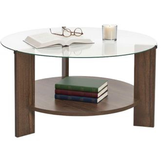 Dmora Canevino Couchtisch, Rund, Tischplatte aus Glas, Ablage Transparent, 75x75x40h cm, Nussbaum Braun