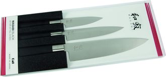 Kai Wasabi Black Messer Set - Allzweckmesser 10 cm, Allzweckmesser 15 cm, Kochmesser 20 cm - rostfreier 6A/1K6 Edelstahl poliert 58 (&plusmn;1) HRC - schwarzer P