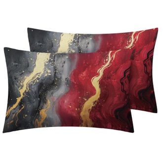 Generic 2er Set Dekorative Kissenbezug Marmor Abstrakt Schwarz Gold Rot Resistent Kissen Fall 40X60cm Kopfkissenbezug, Outdoor, Wohnzimmer, Sofa