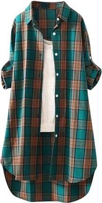 Generico Chemisier pour femme &agrave; carreaux, d&eacute;contract&eacute;, &agrave; manches longues, style Boyfriend, en lin, chemise boutonn&eacute;e, chemises, 3/4 manches longues, &eacute;l&eacute;gant, T
