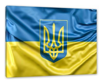 Pixxprint Ukraine Flagge mit Wappen als, Gr&ouml;&szlig;e: 80x60cm, Leinwandbild, fertig gespannt, Wandbild, Dekoration, Kunstdruck, kein Poster