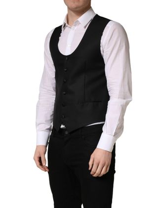 Dolce & Gabbana Mens Black Wool Single Breasted Waistcoat Vest Virgin Silk Polyester Clothing