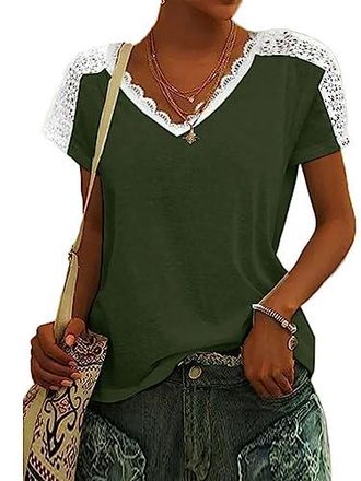 Onsoyours Tee Shirt Femme Manche Courte &Agrave; Dentelle Ajour&eacute;e D&eacute;collet&eacute; en V &Eacute;t&eacute; Top 01 Arm&eacute;e Verte XL