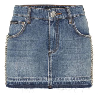 Philipp Plein Femme, Jupes, Bleu, Taille: 40 FR Denim Mini Skirt Rib Strass