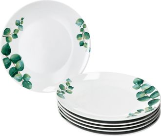 MamboCat Eukalyptus 6er Set Speiseteller I Ø 27cm I weiße Porzellan-Essteller für 6 Personen mit grünem Pflanzen-Dekor I große Teller für Frühstück, Mittag, Ka