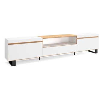Skraut Home Skraut Home - TV-Schrank, Lowboard, f&uuml;r Wohnzimmer und Esszimmer, 260x35x57 cm, F&uuml;r gro&szlig;formatiges TV, Industriedesign, Moderner Stil, Wei&szlig; und Eiche