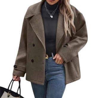 Generic Manteau court en laine m&eacute;lang&eacute;e &agrave; double boutonnage avec col &agrave; revers et poches pour femme, caf&eacute;, XXL