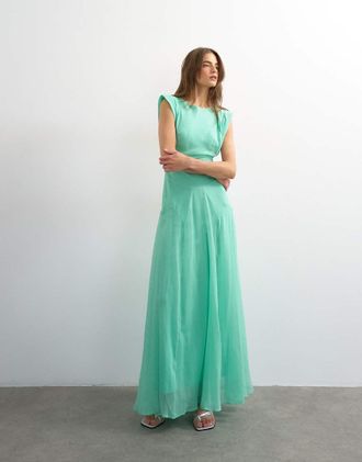Topshop Robe longue pliss&eacute;e &agrave; dos ouvert - Vert