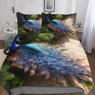 Generic Housse de Couette 240 x 260 Paon Parure de Lit 2 Personnes Animaux Mignons 3 Pi&egrave;ces Housse Couette en Microfibre Douce Imprim&eacute; 3D avec 2 Taies doreill