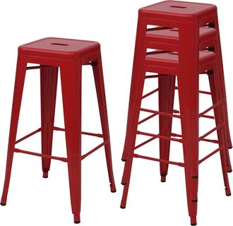 Mendler 4er-Set Barhocker HWC-A73, Barstuhl Tresenhocker, Metall Industriedesign stapelbar - rot