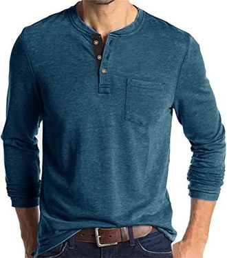 Minetom Homme Henley T-Shirt Manches Longue Détendu en Forme Décontractée avec Boutons Patte De Boutonnage Col Rond Chemises A Bleu XL
