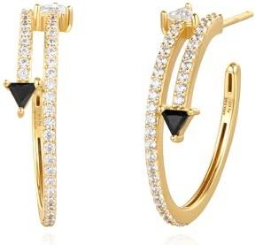 Ania Haie Boucles doreilles créoles Sunshine Chaser Pave Double Arrow Stud Hoops en argent sterling 925 plaqué or 14 carats, serties de 74 zircones, dimensions 