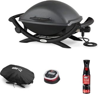 Weber Q2400 Elekrogrill mit Stand + Seitentischen, 54 x 39cm Grillf&auml;che, portable, 2-geteilter porzellanemaillierter Guss-Grillrost, Aluminiumguss Deckel & 