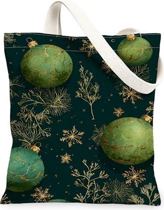 Generic Sacs fourre-tout en toile pour d&eacute;corations de No&euml;l, motif festif, sacs d&eacute;picerie r&eacute;utilisables, vintage l&eacute;gers et lavables avec bandouli&egrave;re, vert, 13x