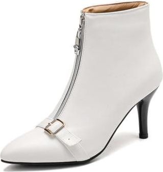 Generic Bottes De Cheville Chic Femme Zip Avant Décor Boucle Talons Aiguilles Simili Cuir Élégantes Fêtes Soirées Bureau,Blanc,42 EU
