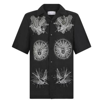 Philipp Plein Linen Bowling Shirt Tattoo Embroidery - - Shirts - Herren - Schwarzk - XS