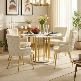 Urban Meuble Ensemble de salle à manger scandinave avec table effet marbre blanc et chaises rembourrées en velours beige - URCEIN WHITE+CRORQREONS