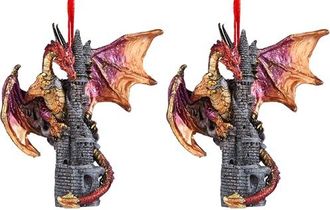 Design Toscano Christbaumschmuck - Sansibar die gotischen Drachen auf Schloss Feiertags-Verzierung - Drache-Statue (Packung mit 2)