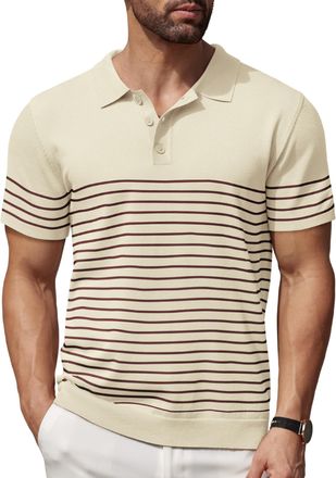 Coofandy Herren Poloshirt Vintage Sommer Kurzarm Strick Gestreiftes Polohemd Stretch Golf Casual Polo Shirt Beige (Karamellstreifen) XL