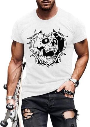 Generic T-shirts de Saint-Valentin pour homme - T-shirt gothique &agrave; motif t&ecirc;te de mort et coeur pour la Saint-Valentin - T-shirt tendance d&eacute;contract&eacute; graphique