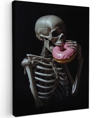 MuchoWow © Leinwand Bilder 50x70 cm Wanddeko Wohnzimmer Aesthetic Room Decor Deko Zimmer Wandbilder Modern Bild auf Leinwand Skelett - Donut - Essen - Schädel 