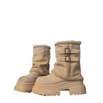 Generic JJDFW Vintage Chaud Coton Femmes Pipe Bottines Mode Plateforme &Eacute;paisse Semelle Courte Automne Hiver Ceinture Boucle Chaussures, beige, 39 1/3 EU