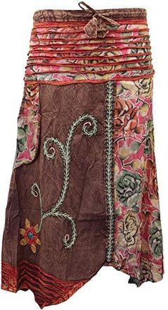 Shopoholic Fashion Jupe longue brod&eacute;e faite &agrave; la main pour femme avec motif floral hippie, marron, Taille unique