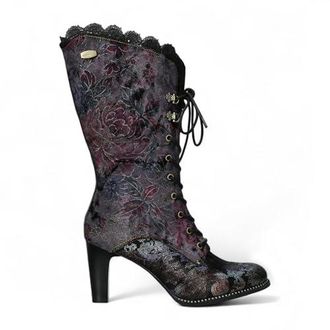 Infinity Leather Bottes &agrave; Talons en Cuir Violet &agrave; Fleurs et Lacets Style Gothique Victorien Laura Vita Alcbane 0351 Pour Femmes - Talon Aiguille Haut Mi-Mollet Avec Bo