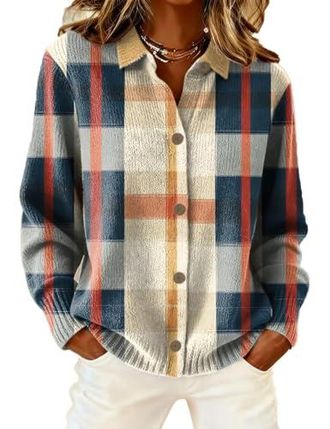 Generic Cardigan boutonn&eacute; &agrave; carreaux pour femme - Cardigan en tricot &agrave; carreaux - Col en V - Cardigan boutonn&eacute; pour femme, b, XXL