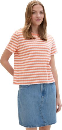 Tom Tailor Damen Basic T-Shirt mit Streifen, terracotta white stripe, XL