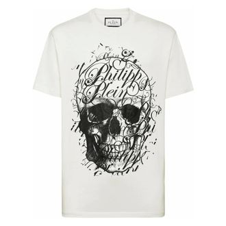 Philipp Plein Homme, Tops, Blanc, Taille: S T-Shirt Col Rond Coursive