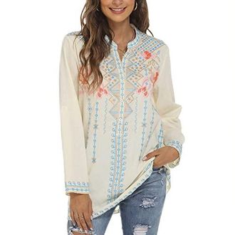 JD Williams Tunique brodée Indienne pour Femme, Style bohème, Folklore, Haut en Coton, Manches Longues, décontracté,Jaune 127,S