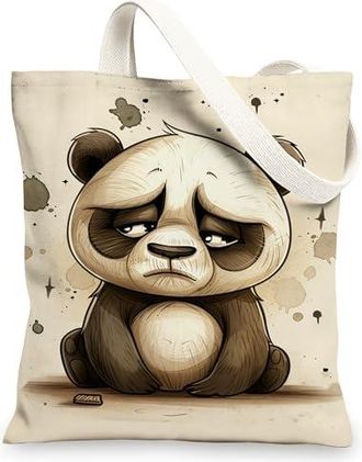 Generic Sac fourre-tout en toile motif panda mignon, adorable sac à provisions réutilisable, motif dessin animé, léger et lavable, bandoulière pour Tr, beige,