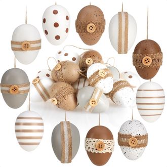 Com-Four 18x Dekorative Ostereier zum Aufhängen - Naturfarbene Osterdeko mit tollen Verzierungen - Deko Ostereier mit Schnur zum Aufhängen - Größe: 6 cm