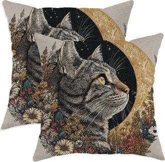 Generic Kissenbezüge mit Katzenmotiv, graues Blumenmuster, quadratisch, 40,6 x 40,6 cm, 2 Stück