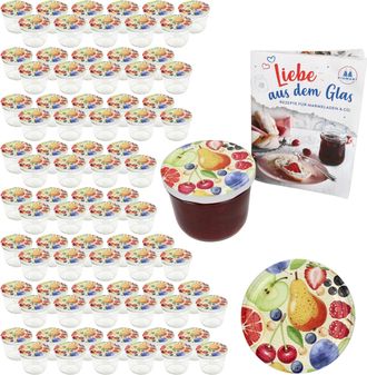 MamboCat 100er Set Sturzglas 230 ml mit Schraub-Deckel Comic-Obst I Einmachgläser + to 82 Deckel mit Diamant-Zucker-Rezept I Vorratsgläser einkochen & konservi