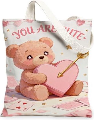 Generic Sac fourre-tout en toile motif ours mignon, adorable sac d&eacute;picerie r&eacute;utilisable, sac d&eacute;picerie pour la Saint-Valentin, l&eacute;ger et lavable, p&ecirc;che, 13x15 