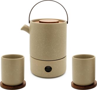 Bredemeijer 6-teiliges Steingut Teekannen Set 1.2 Liter beige - große Keramik-Kanne mit Teewärmer für 1 Teelicht - inkl. 2 Teebecher mit Holzuntersetzer & Tee-Fil
