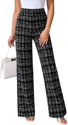 SOLY HUX Damen Hosen Elegant Freizeithose Hohe Taille Anzughose Kariert Casualhose Geradehose Palazzo Pants Herbst Outfit Schwarz und Wei&szlig; XL