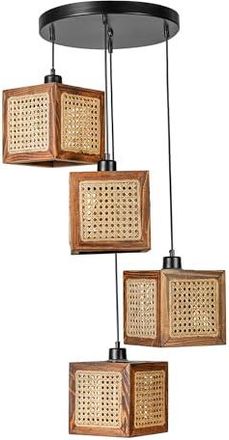 Opviq Elegant Chandelier with FIR Wood Body & Natural Rattan Cap, Adjustable Height 70 cm, E27 Socket, 18 cm Diameter | Stylish Walnut & Rattan Design for M