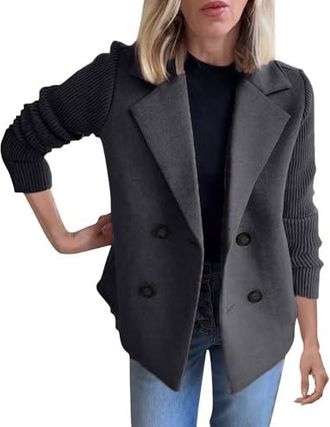 Generic Manteau d&eacute;contract&eacute; &agrave; manches patchwork &agrave; revers pour femme - Manteau court &agrave; double boutonnage pour femme - Veste l&eacute;g&egrave;re et chaude, Noir, XL